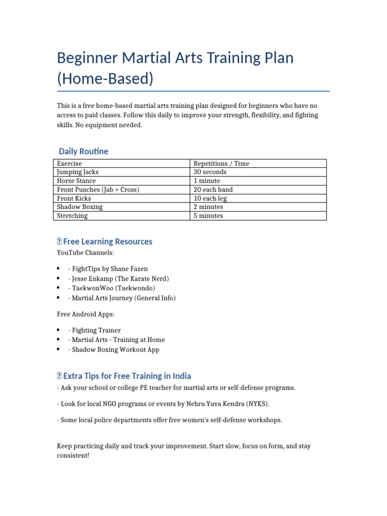Martial Arts Home Training Plan | PDF
