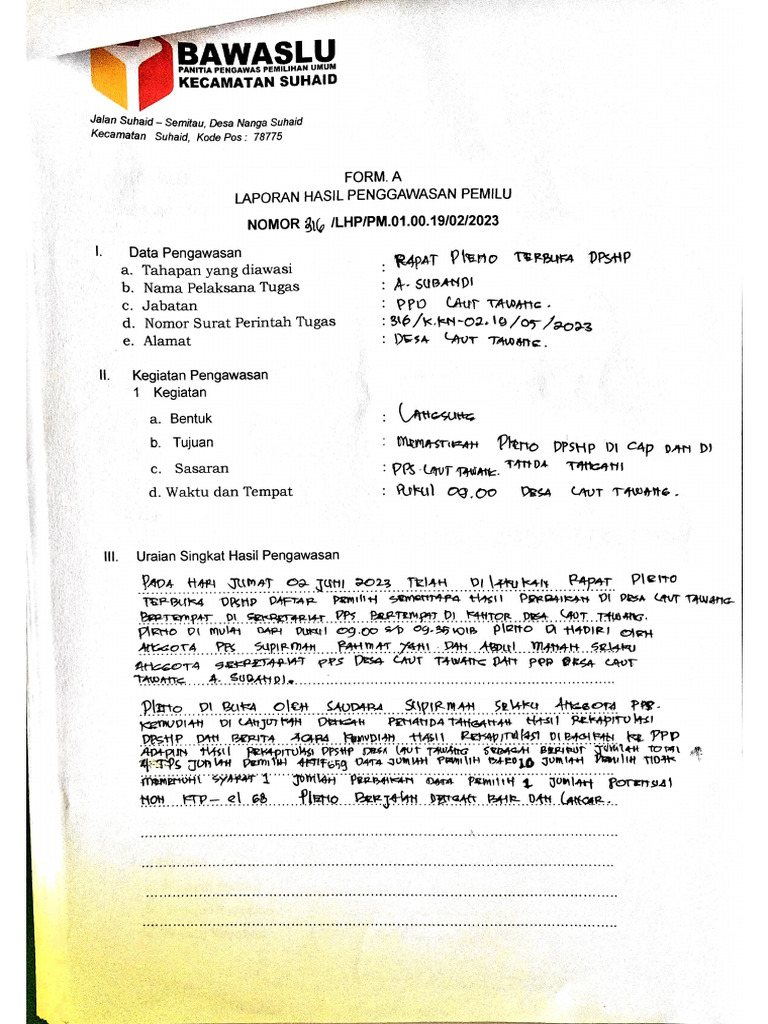 FORM A LHPP Desa Laut Tawang | PDF