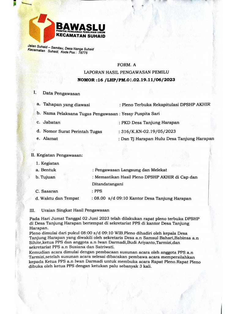 FORM A LHPP Desa Tanjung Harapan | PDF