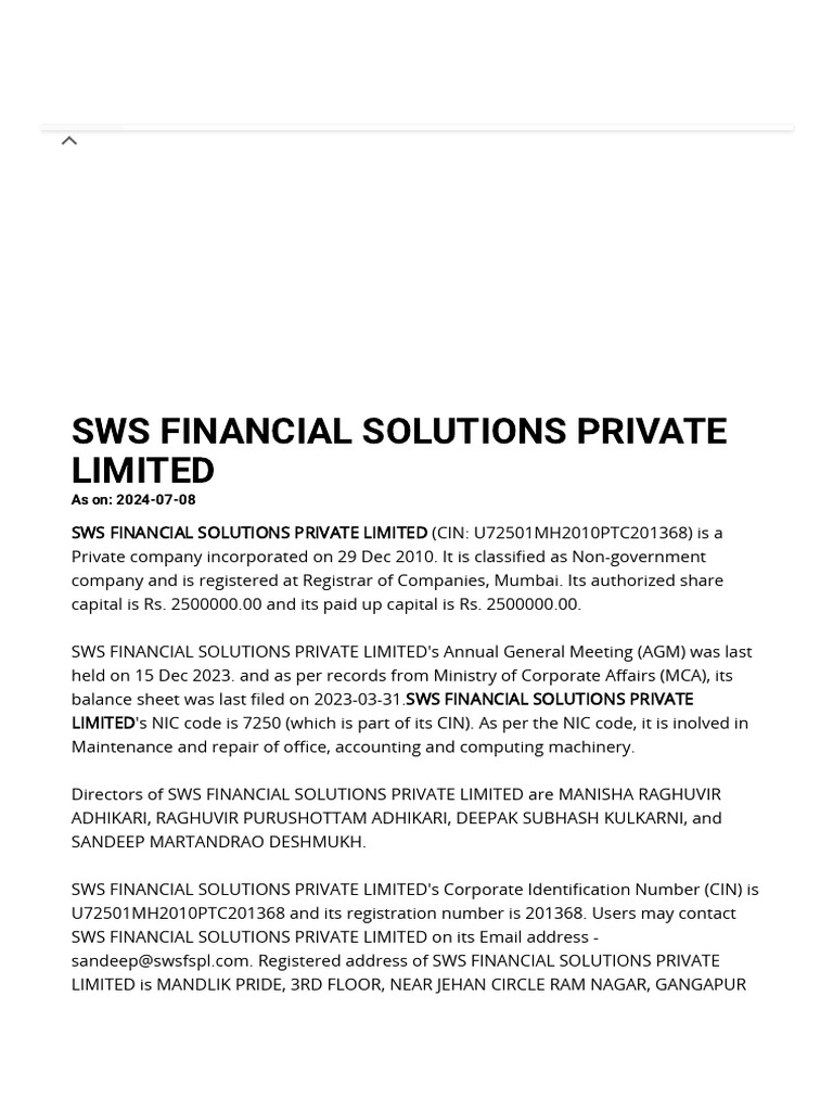 Sws Financial Solutions Private Limited - Zaubacorp | PDF | Expense ...