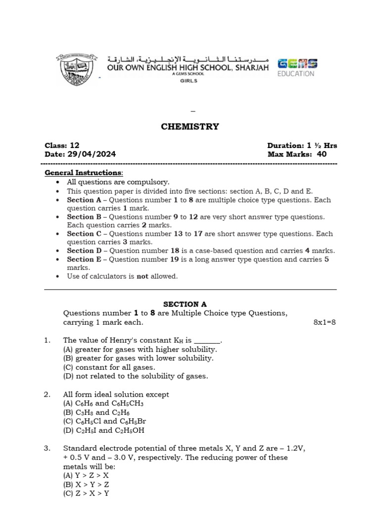 G12 - Chemistry - Unit Test 1 - April 2024 - QP - 250510 - 112637 | PDF ...
