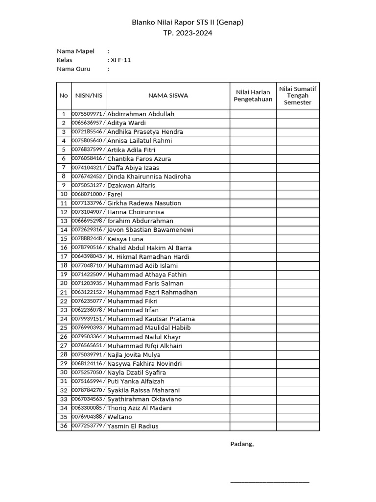 Blanko Nilai STS (XI F-11) | PDF