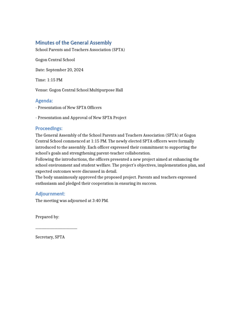 SPTA General Assembly Minutes Sept 20 2024 Updated | PDF