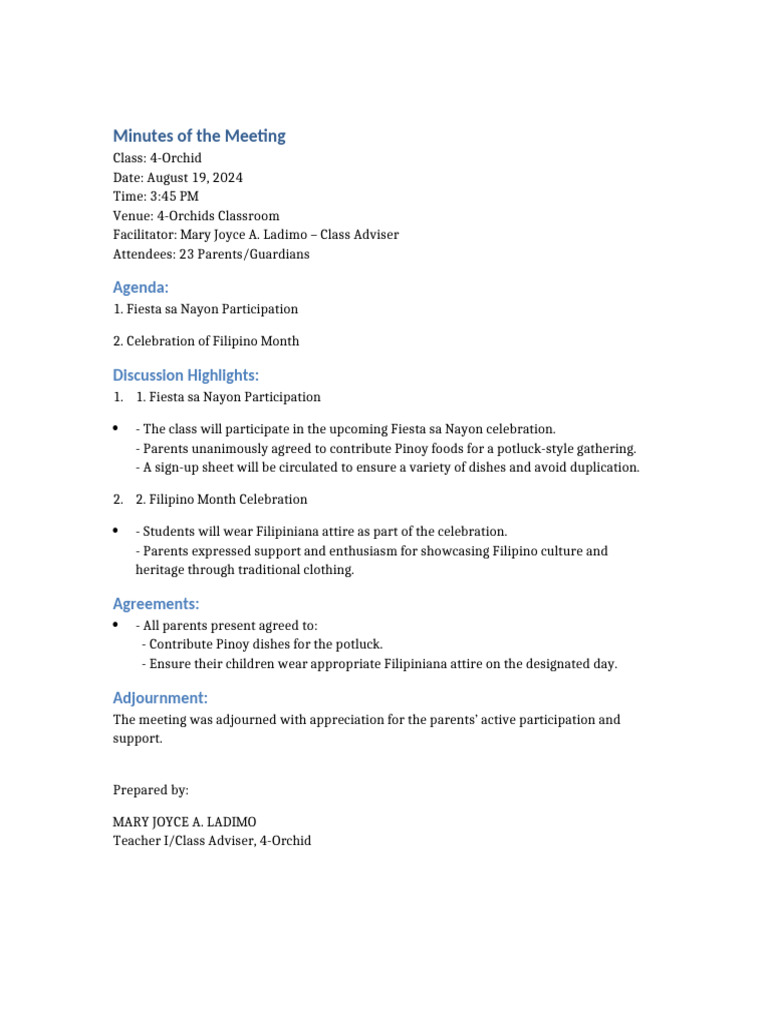 4 Orchid Parents Meeting Minutes | PDF