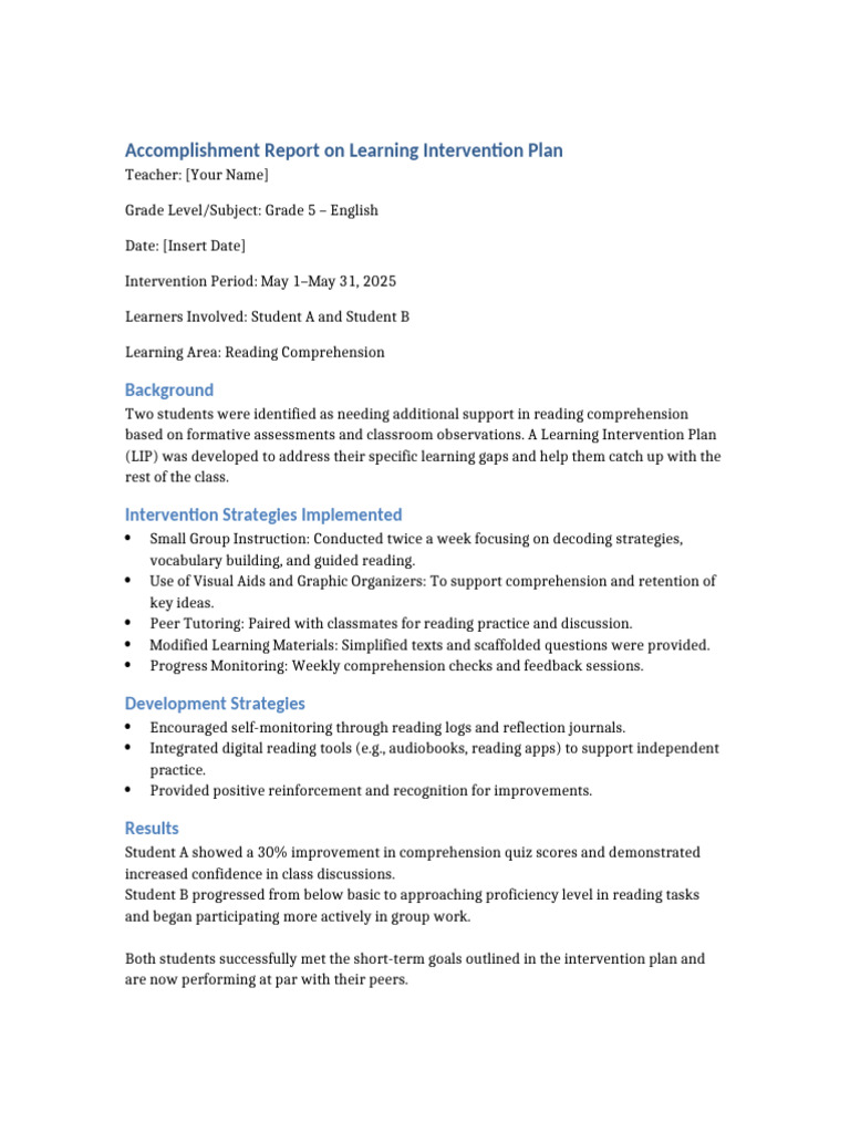 Learning Intervention Accomplishment Report | PDF