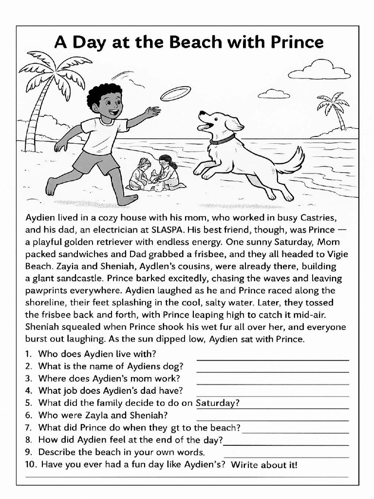 A Day at The Beach With Prince - Reading and Comprehension | PDF