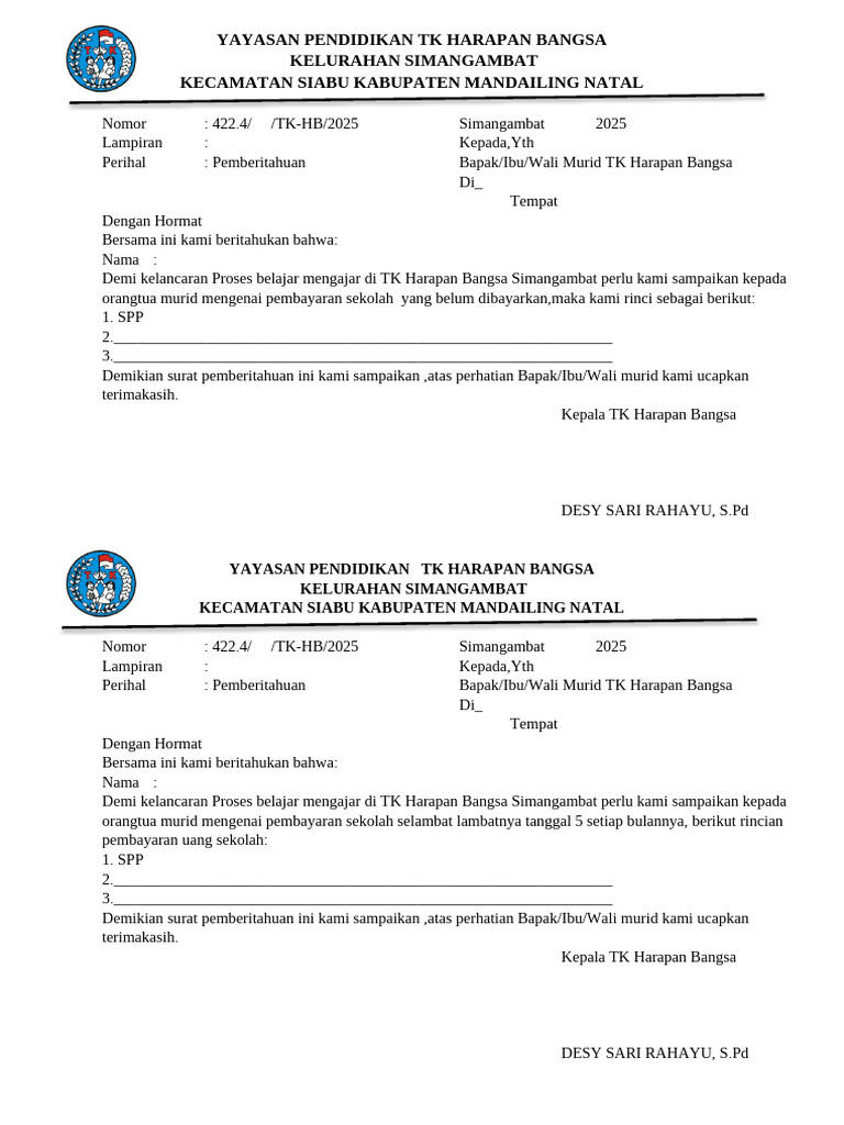Surat Tagihan Pembayaran SPP TK | PDF