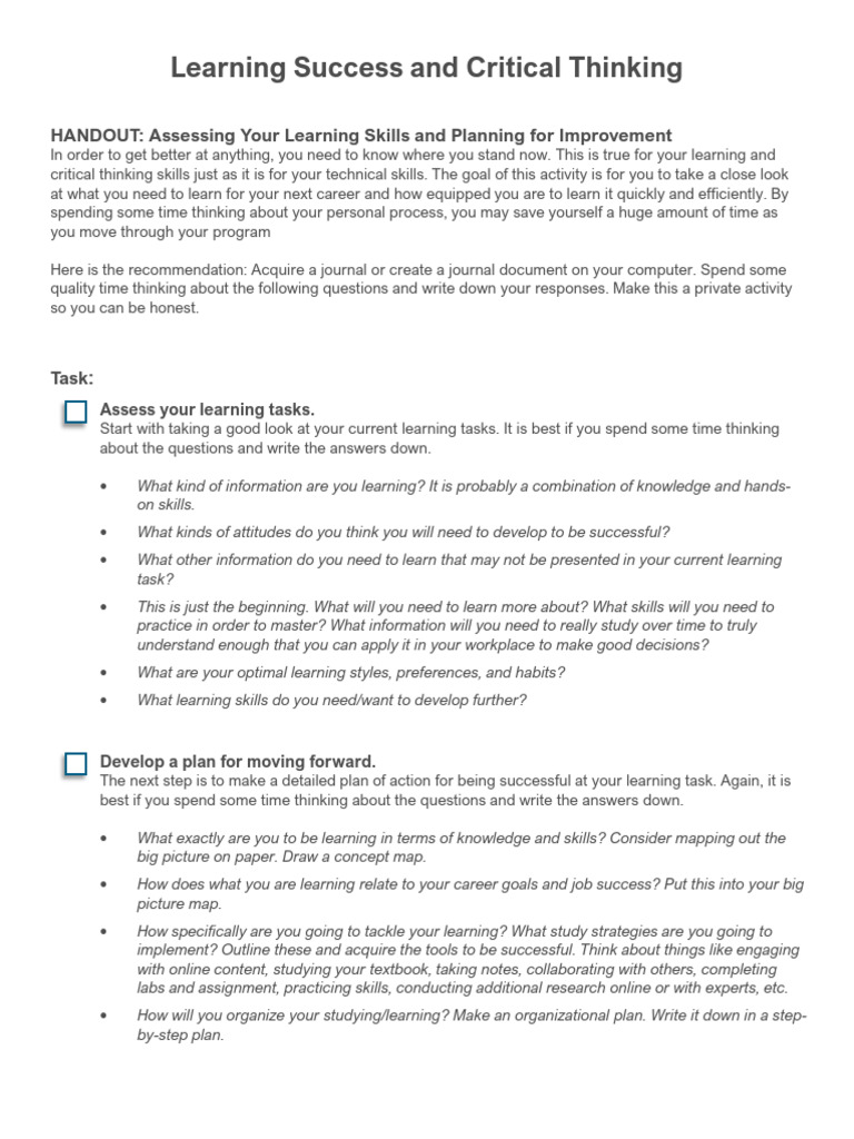 Learning Success and Critical Thinking Self-Assessment Handout | PDF ...