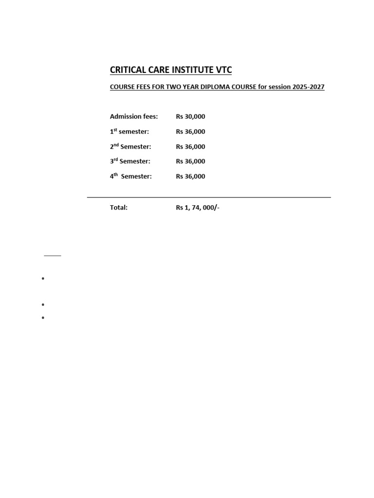 Critical Care Diploma Fees Structure 2025-2027 | PDF