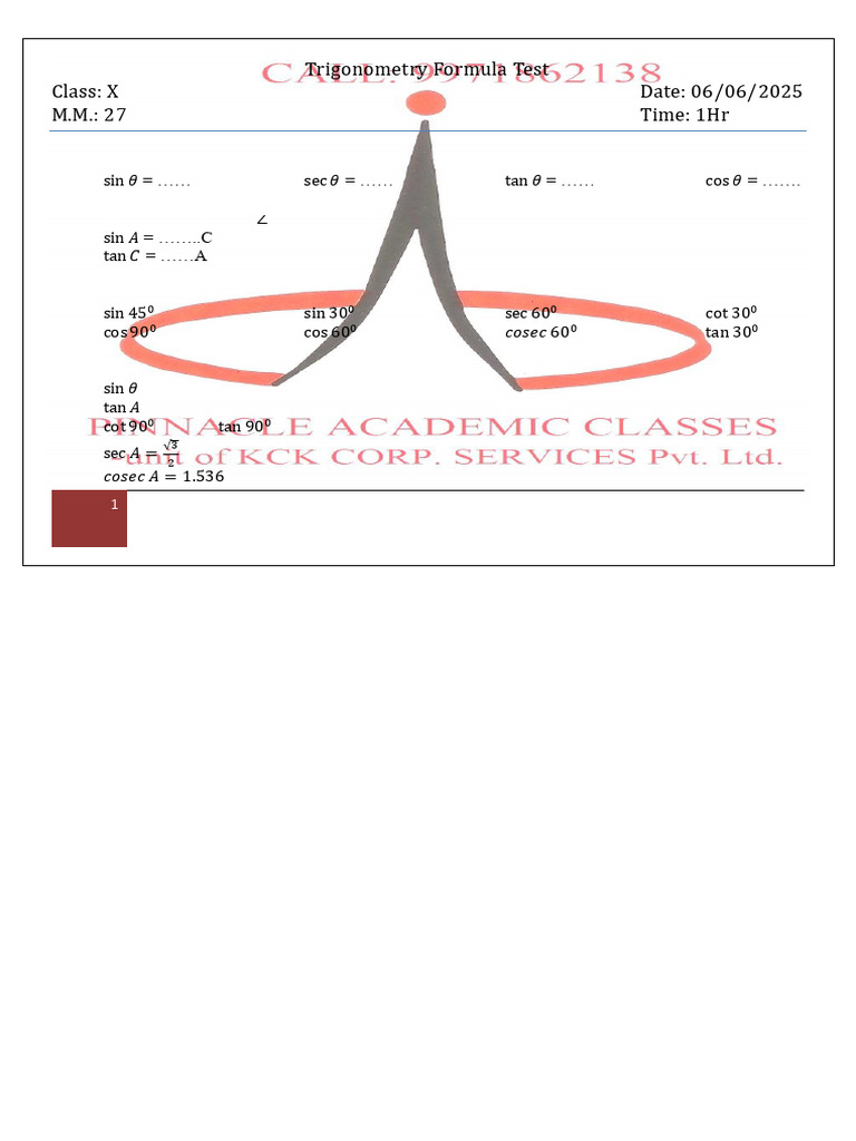Trigonometry Formula Test for Class X | PDF