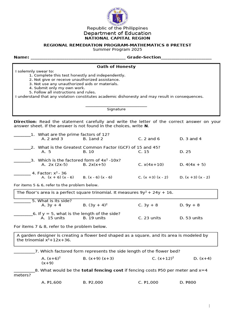 RRP2025 Mathematics8 Pretest With Key To Correction | PDF | Elementary ...