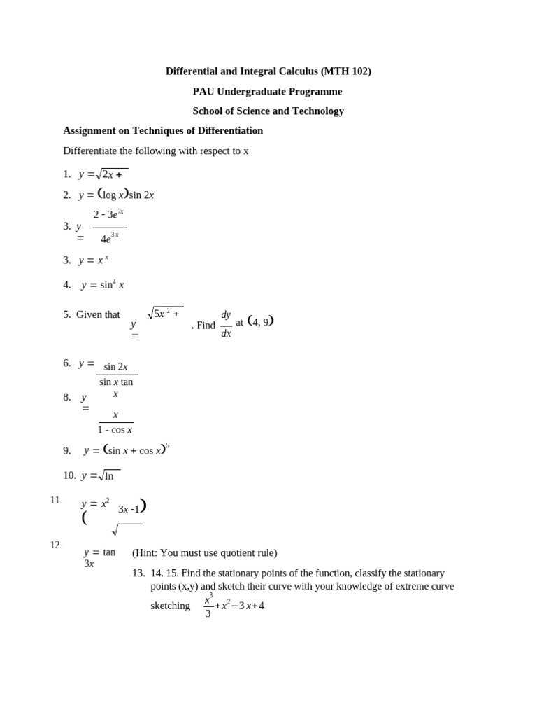 Assisgnment On Techniques of Differentiation (Extreme Curve Sketching ...