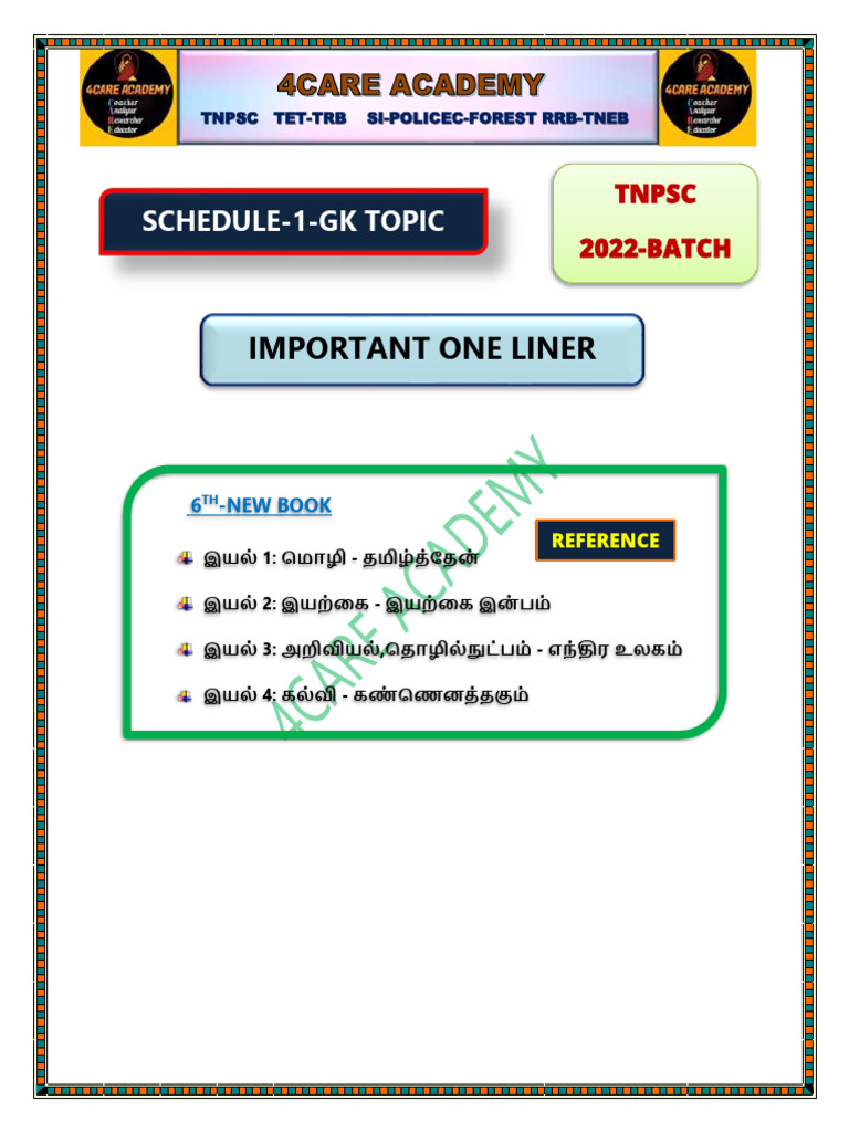 Important One Liner: Schedule-1-Gk Topic | PDF