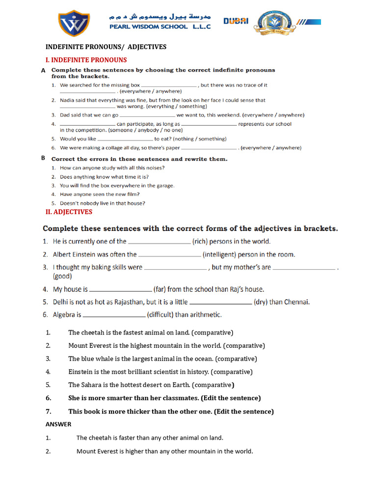 Grammar - Indefinite Pronoun and Adjectives | PDF