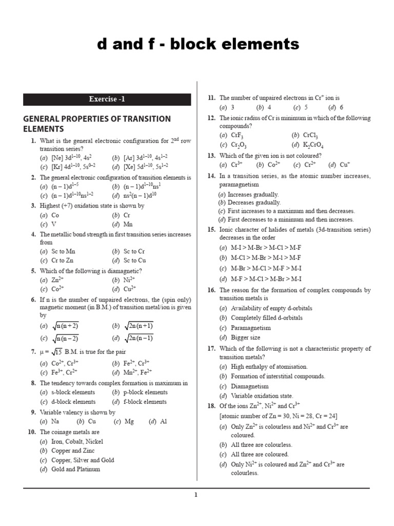 D and F - Block JEE Question Bank | PDF | Transition Metals | Chromium