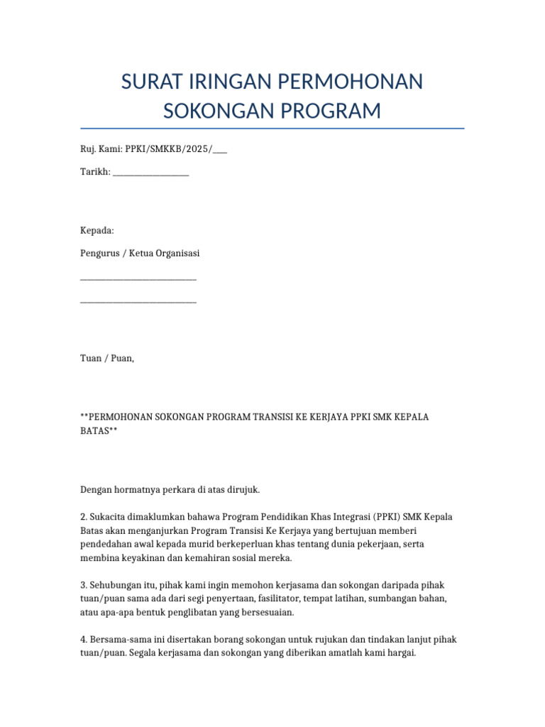 Surat Iringan Sokongan Program Transisi Kerjaya | PDF