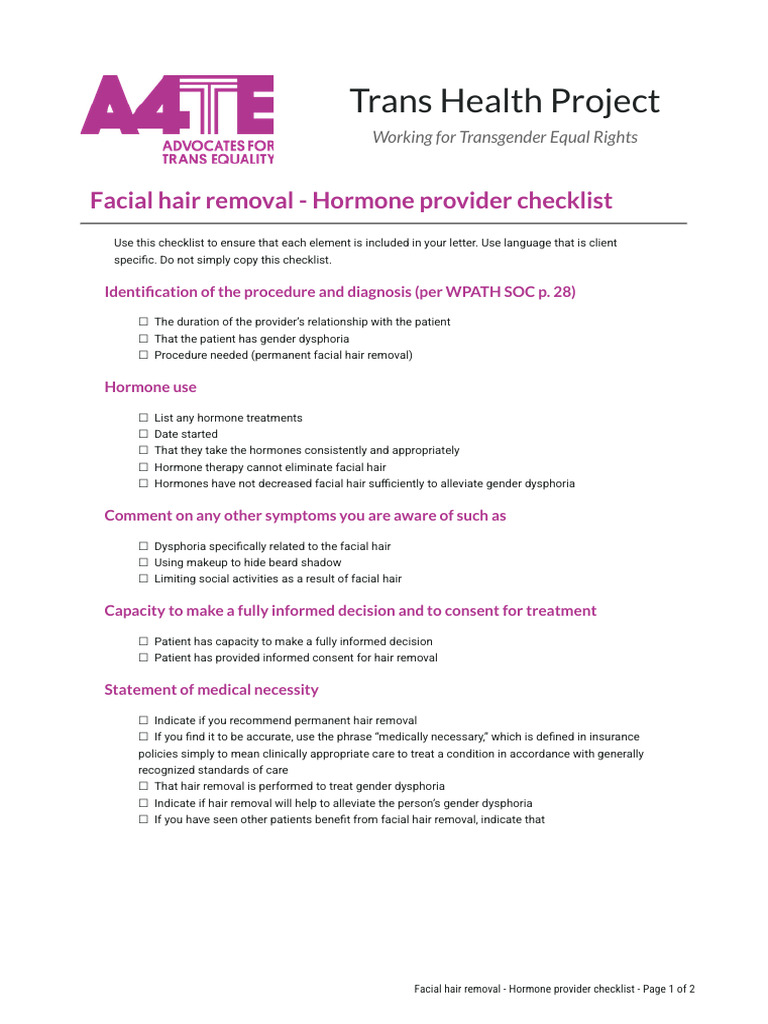 Tldef Provider Checklist Facial Hair Removal Hormone Provider Checklist ...