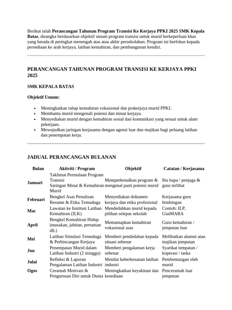 Berikut Ialah Perancangan Tahunan Program Transisi Ke Kerjaya PPKI 2025 ...