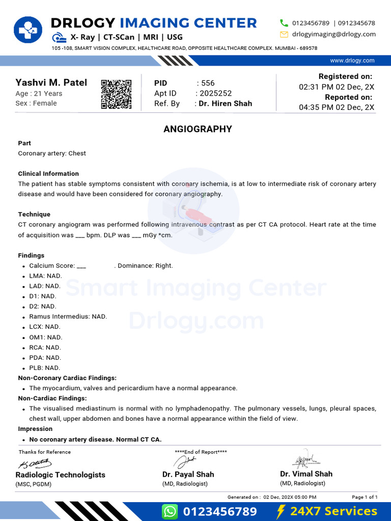 Normal CT Coronary Angiogram Report | PDF | Coronary Circulation ...