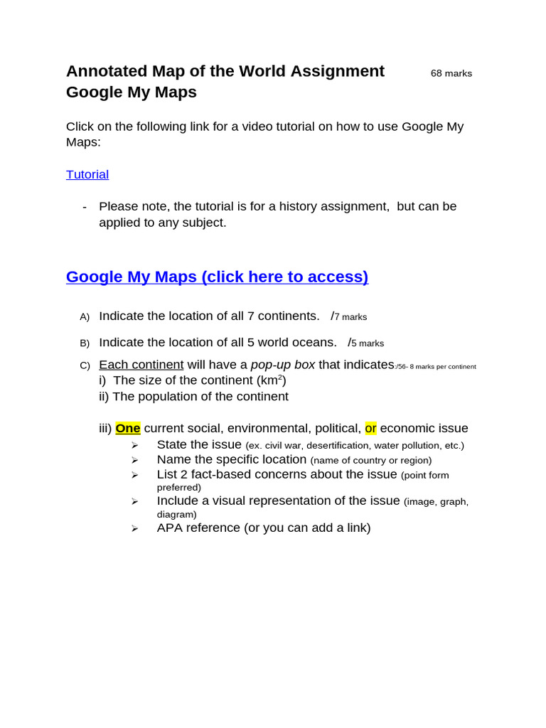 World Map Assignment: Google My Maps Guide | PDF