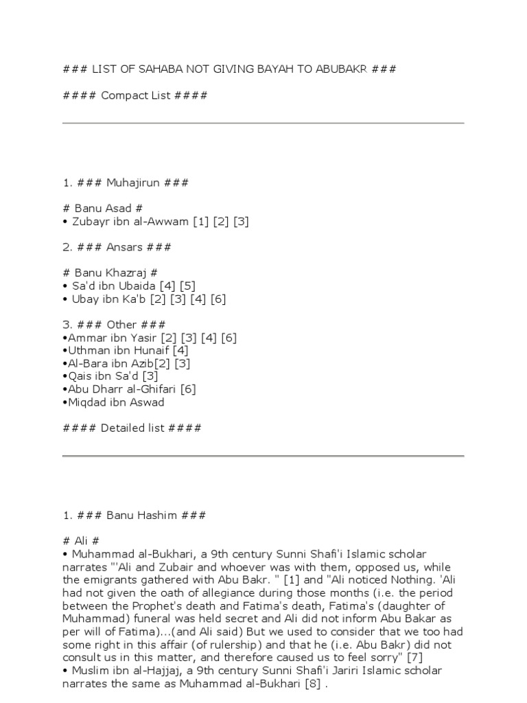 List of Sahaba Not Giving Bayah To Abubakr | PDF | Ali | Umar