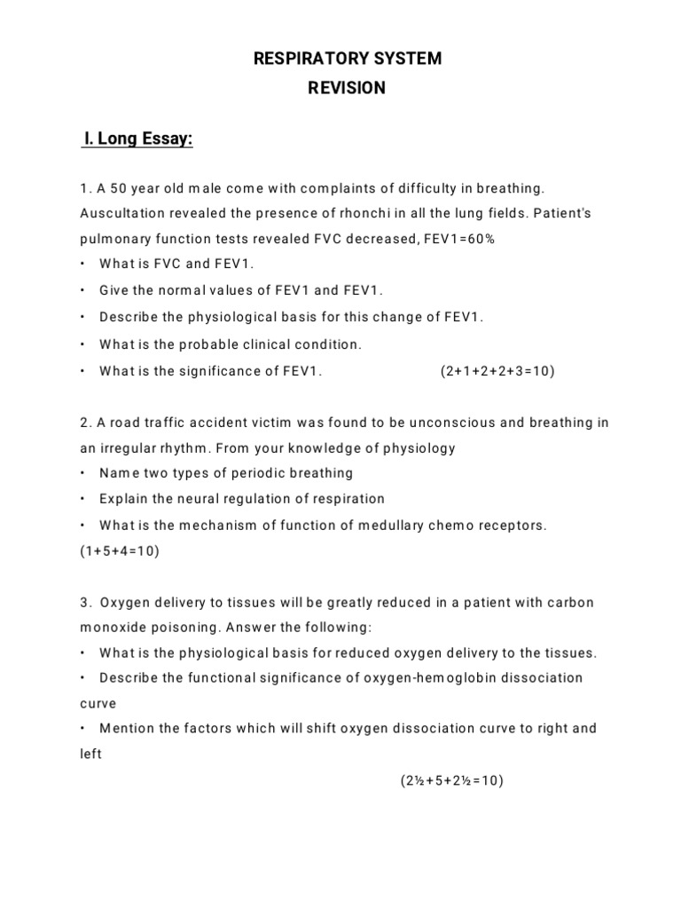 Respiratory System Revision I. Long Essay | PDF