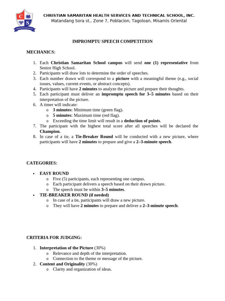 Impromptu Speech Competition Campus Clash | PDF