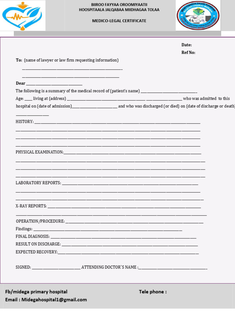 Medico-Legal Certificate Template | PDF | Medical Record | Hospital
