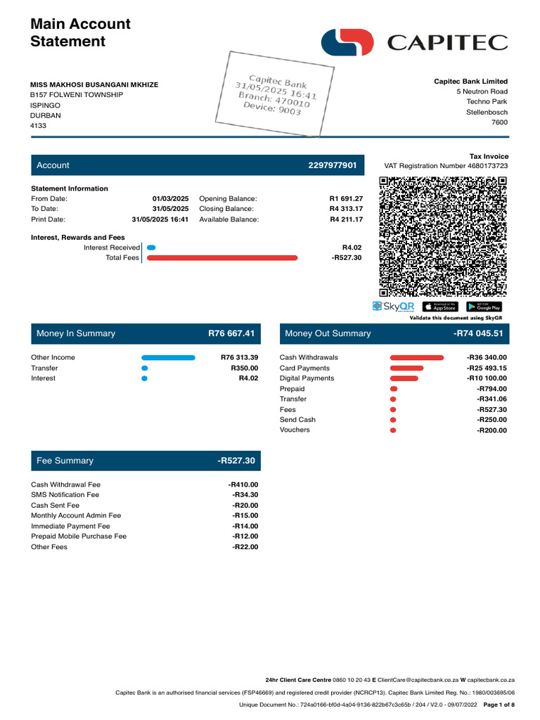 Capitec Bank Statement: Folweni Account | PDF | Cash | Payments