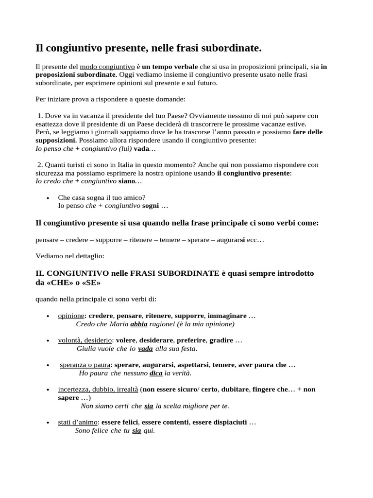 Il Congiuntivo Presente SUBORDINATE | PDF