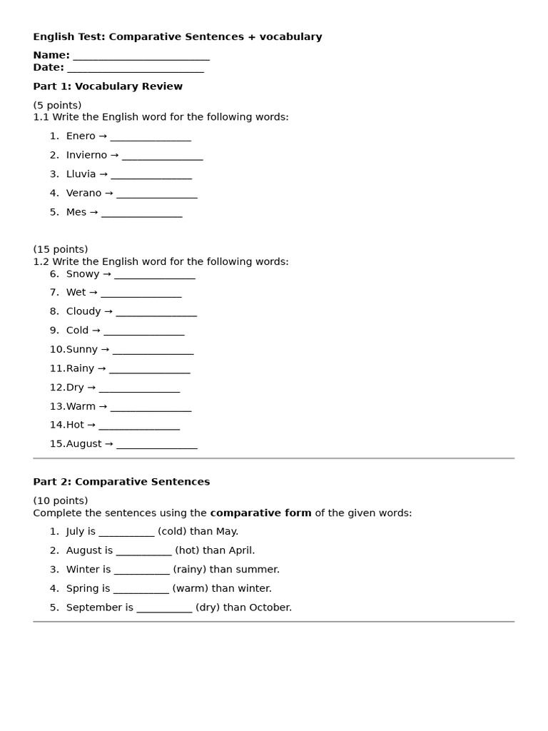 English Test Comparative Sentences | PDF | Climate | Physical Geography