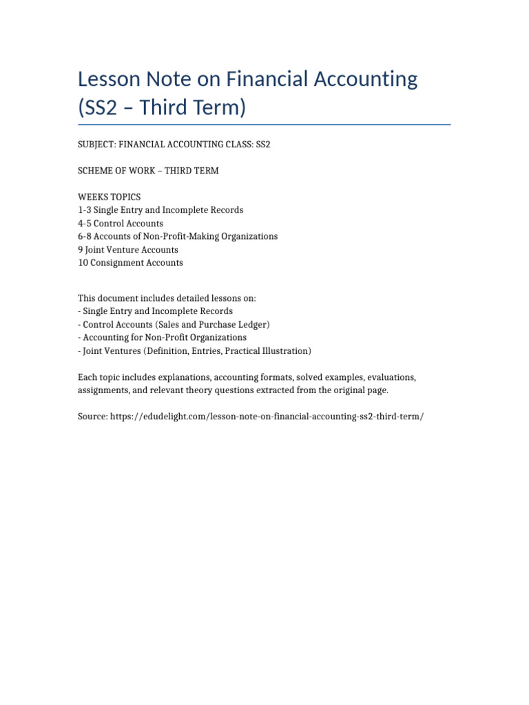 Financial Accounting SS2 Third Term Lesson Note | PDF