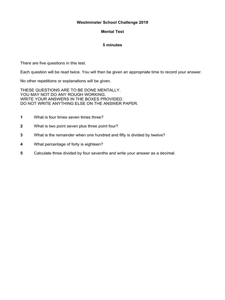 Westminster School 13 Plus Scholarship Exam 2019 Mental Maths Challenge ...
