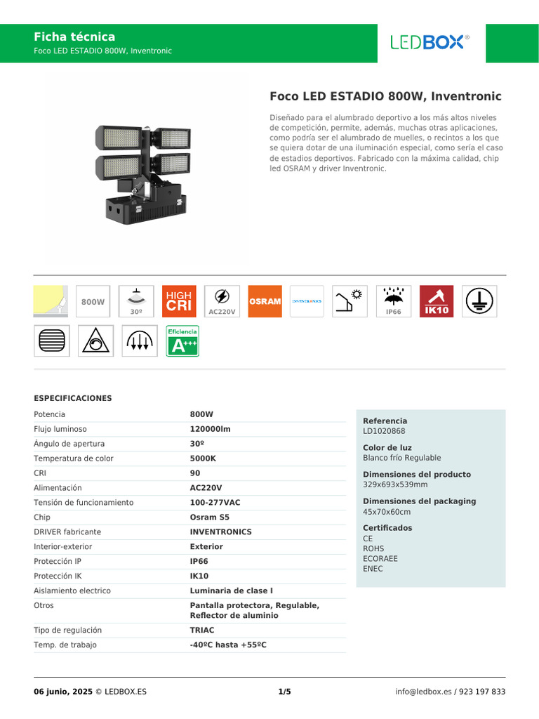 Foco LED Estadio 800W Inventronic | PDF | Diodo emisor de luz