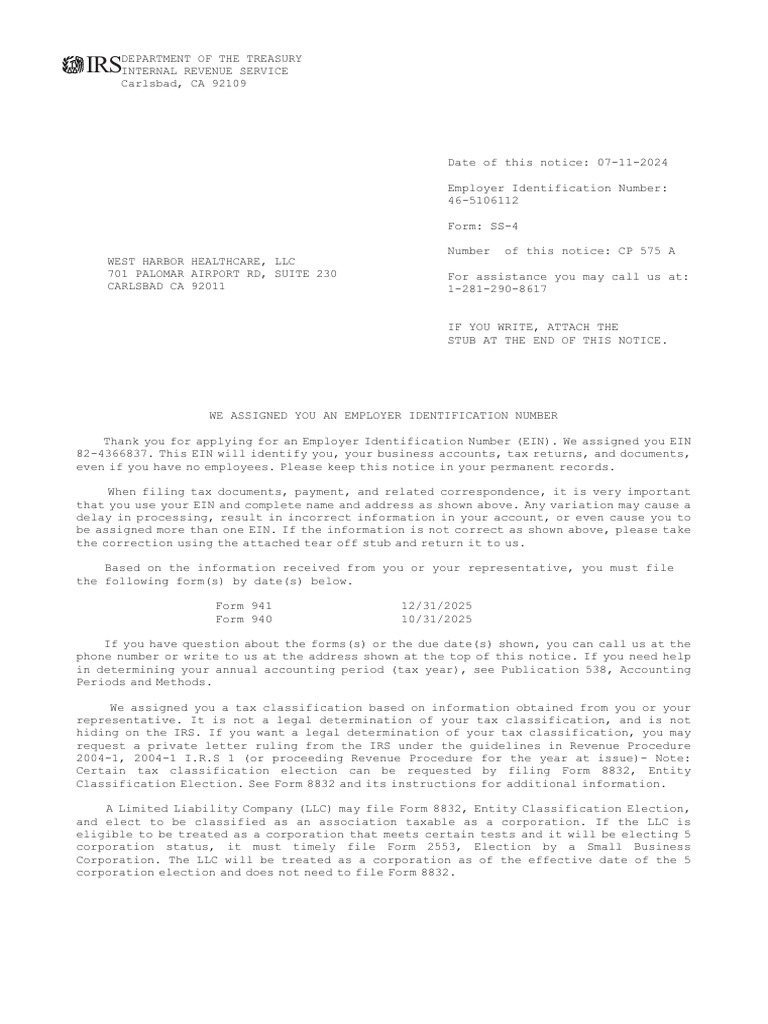 Ein Tax Identification Confirmation Letter - West Harbor Healthcare LLC ...