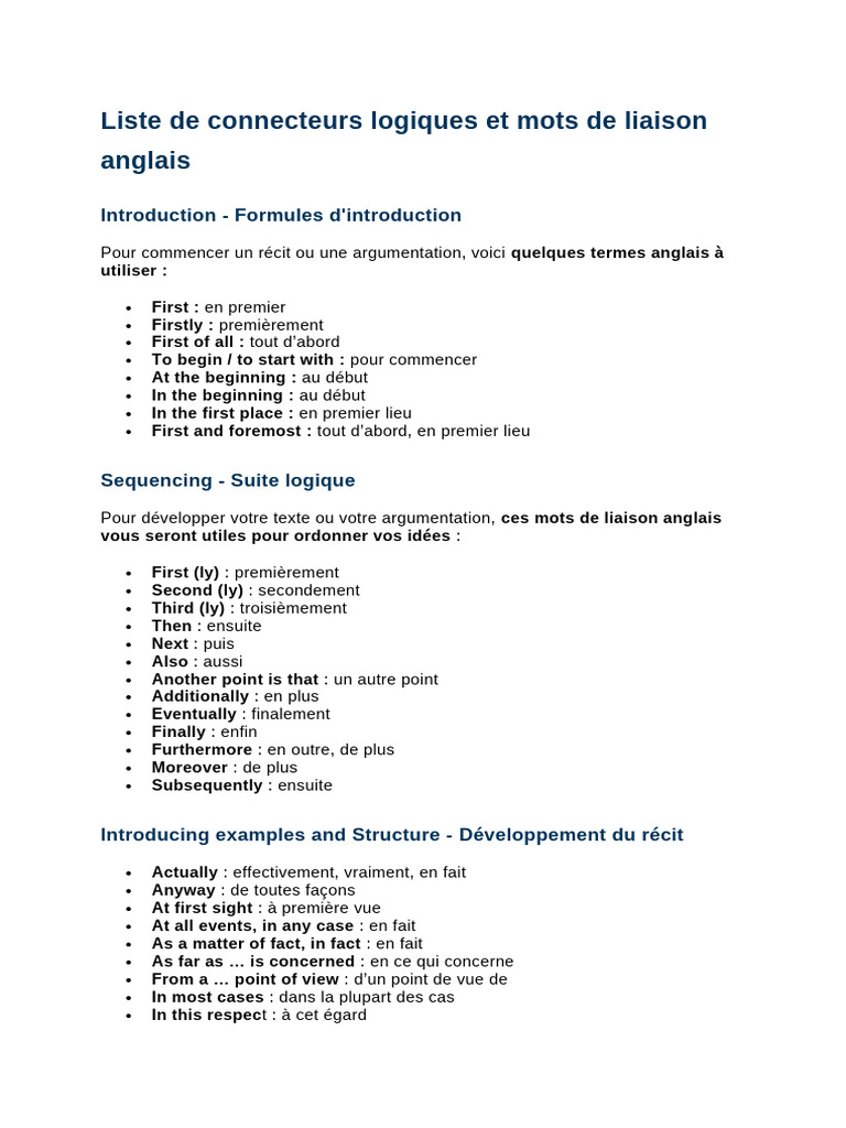 Liste de connecteurs logiques en anglais | PDF