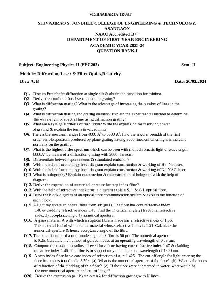 Physics Question Bank Ut1 | PDF | Diffraction | Angular Resolution