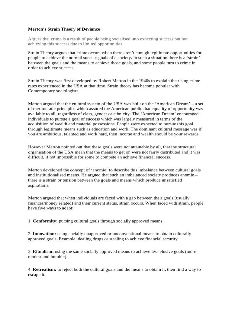 Merton's Strain Theory Explained | PDF | Deviance (Sociology) | Crimes