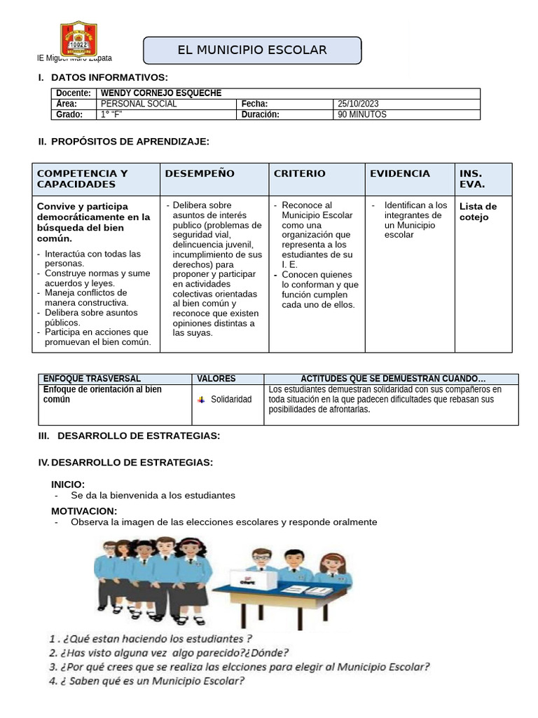 Sesion de Aprendizaje Municipio Escolar. | PDF | Modificación de comportamiento | Ciencias del ...