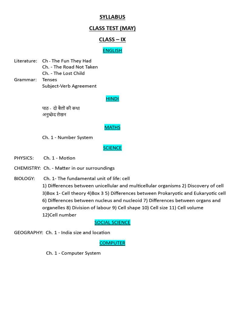 Class IX May Test Syllabus Overview | PDF