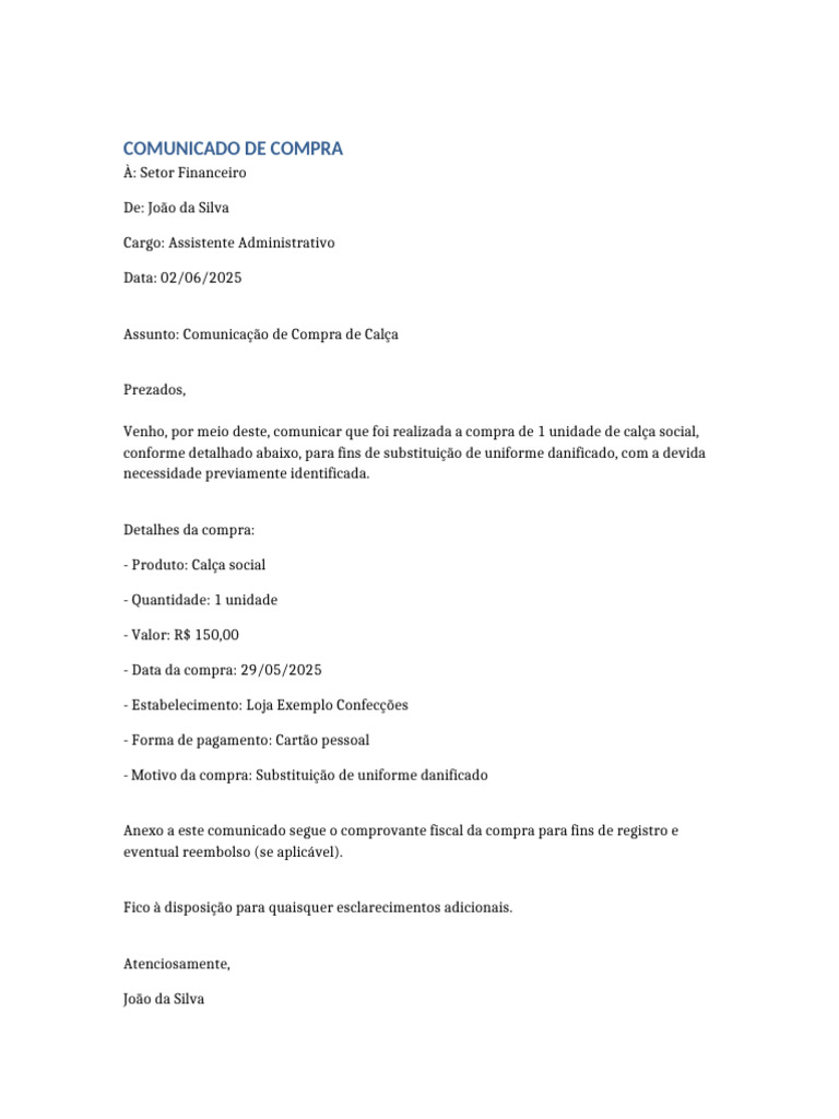 Comunicado Compra Calca Sigma | PDF