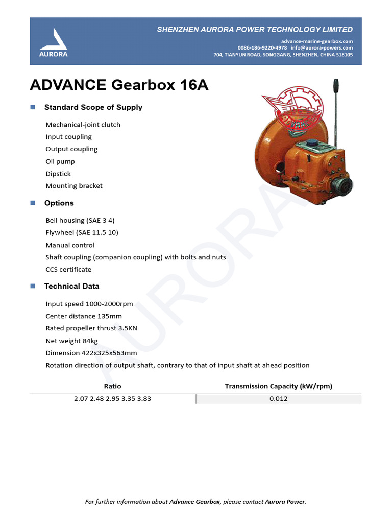 Aurora Datasheet 16a Advance Gearbox | PDF