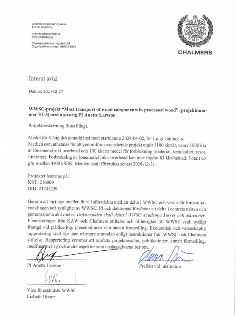 Avtal Chalmers Doktorand WWSC 3.0 III-3 Anette Larsson Signerat | PDF