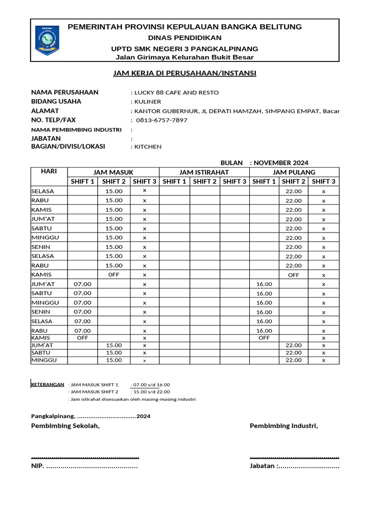 Format Jam Kerja Diindustri 2024 | PDF