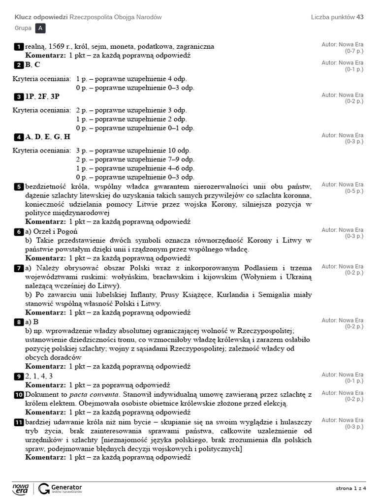 Rzeczpospolita Obojga Narodów Klucz Odpowiedzi | PDF