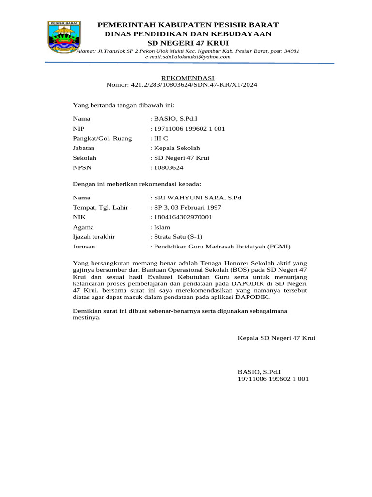Contoh Format Rekomendasi Dapodik | PDF