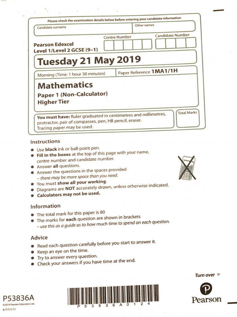 1ma1-1h Maths Paper1 Gcse Higher Tier | PDF