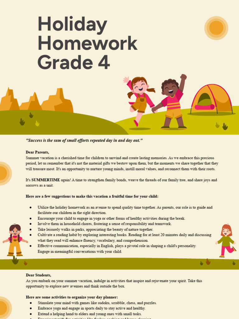 Summer Holiday Homework Grade 4 | PDF | Menu