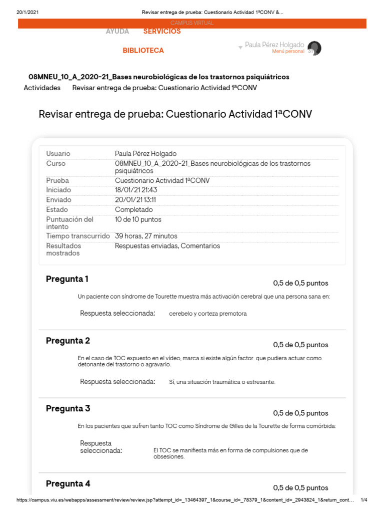 Revisar Entrega de Prueba - Cuestionario Actividad 1 CONV - .. | PDF | Desorden obsesivo ...