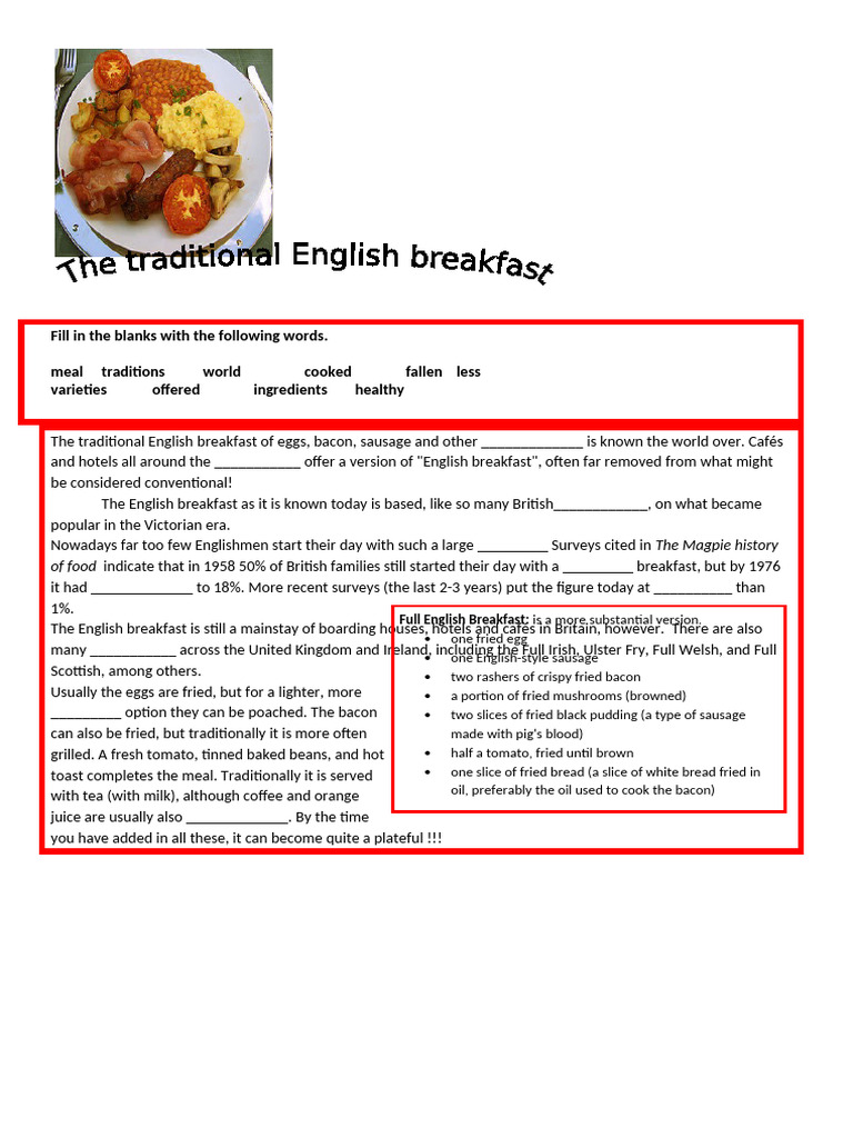 English Breakfast Picture Description Exercises Reading Comprehensio ...